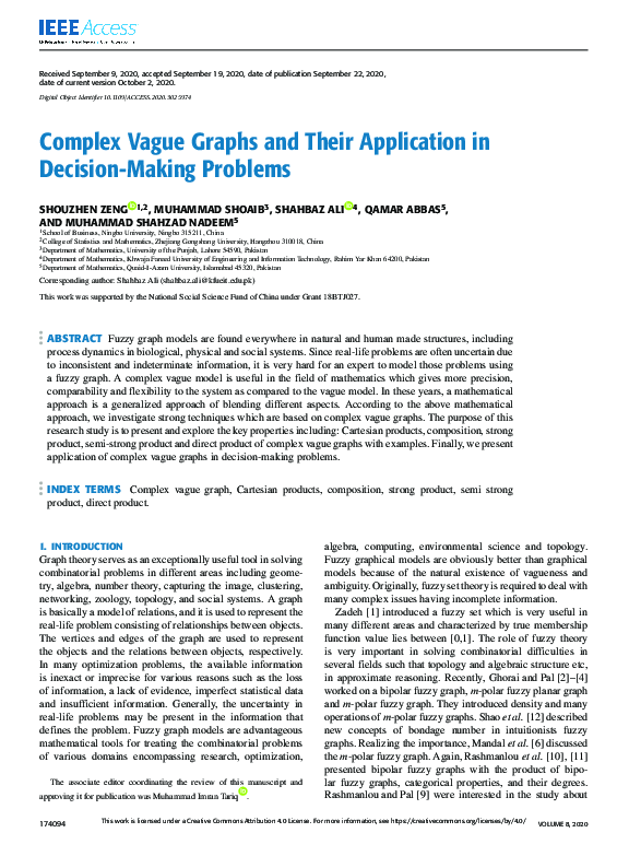 (PDF) Complex Vague Graphs and Their Application in Decision-Making Problems