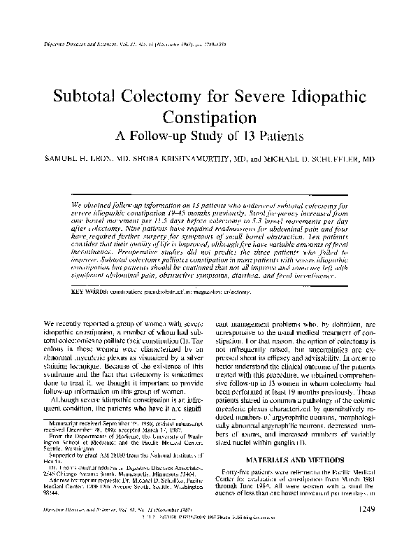 (PDF) Subtotal colectomy for severe idiopathic constipation