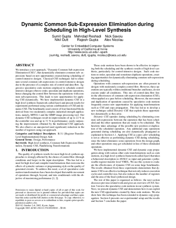 Pdf Dynamic Common Sub Expression Elimination During Scheduling In
