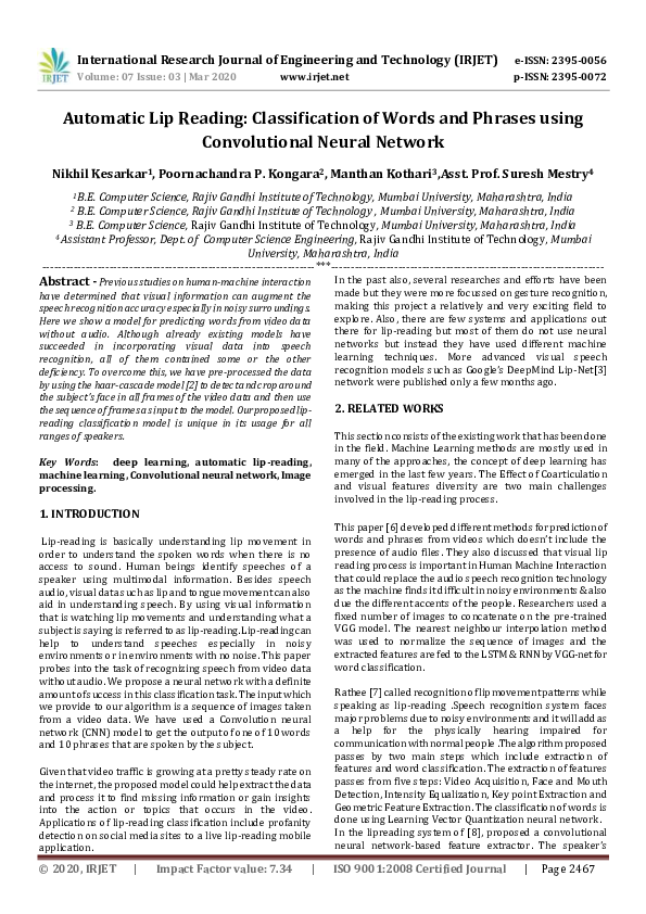 (PDF) Automatic Lip Reading: Classification of Words and Phrases using Convolutional Neural Network