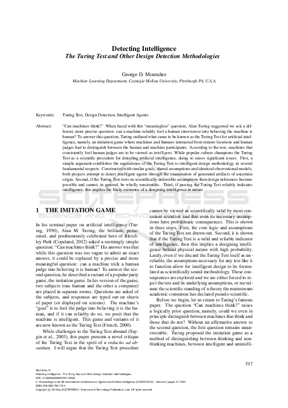 (PDF) Detecting Intelligence - The Turing Test and Other Design ...