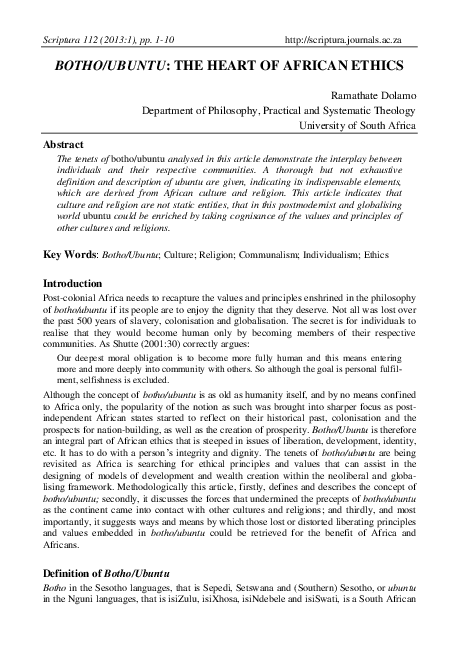 (PDF) Botho/Ubuntu: The Heart of African Ethics