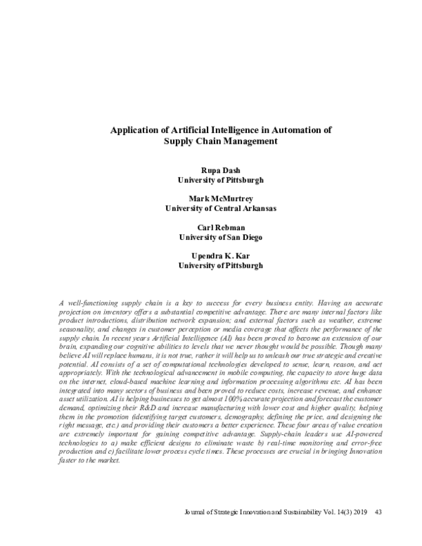 (PDF) Application of Artificial Intelligence in Automation of Supply Chain Management