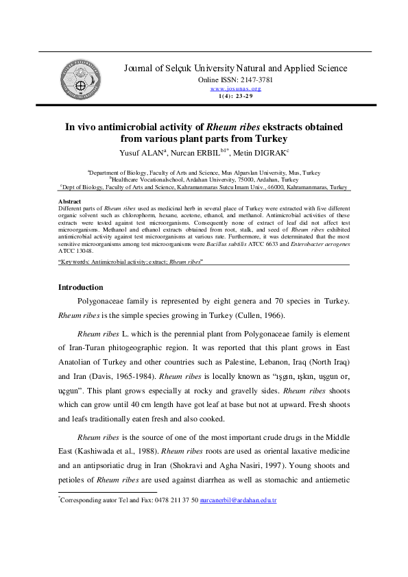 (PDF) In vivo antimicrobial activity of Rheum ribes ekstracts obtained ...
