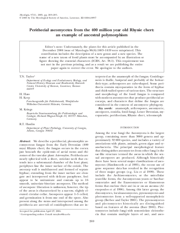 (PDF) Perithecial Ascomycetes from the 400 Million Year Old Rhynie ...