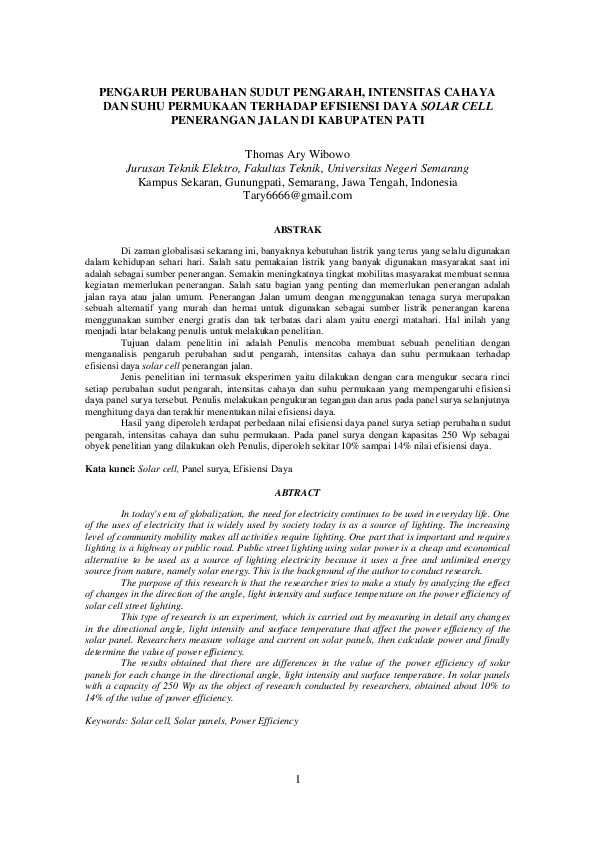 (PDF) PENGARUH PERUBAHAN SUDUT PENGARAH, INTENSITAS CAHAYA DAN SUHU PERMUKAAN TERHADAP EFISIENSI ...