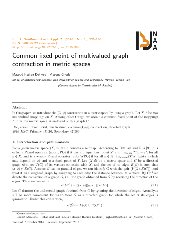 (PDF) Common fixed point of multivalued graph contraction in metric spaces
