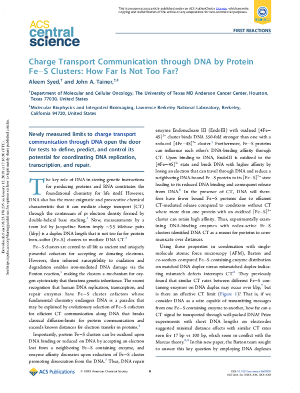 Charge Transport Communication through DNA by Protein Fe–S Clusters ...