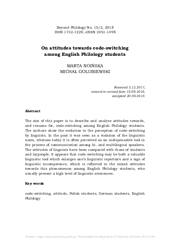 (PDF) On attitudes towards code-switching among English Philology students