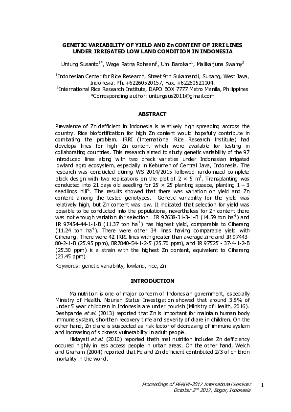 (PDF) GENETIC VARIABILITY OF YIELD AND Zn CONTENT OF IRRI LINES UNDER ...
