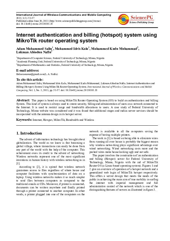 Pdf Internet Authentication And Billing Hotspot System Using Mikrotik Router Operating System