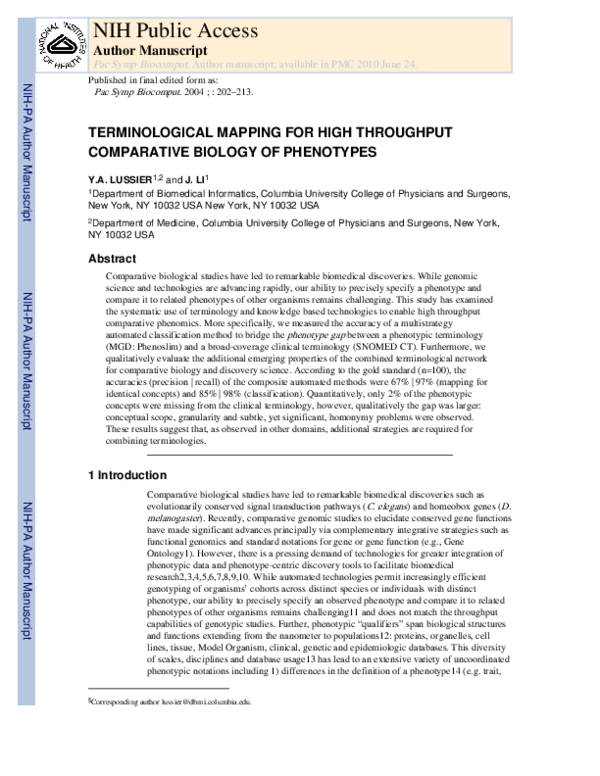 (PDF) Terminological mapping for high throughput comparative biology of ...