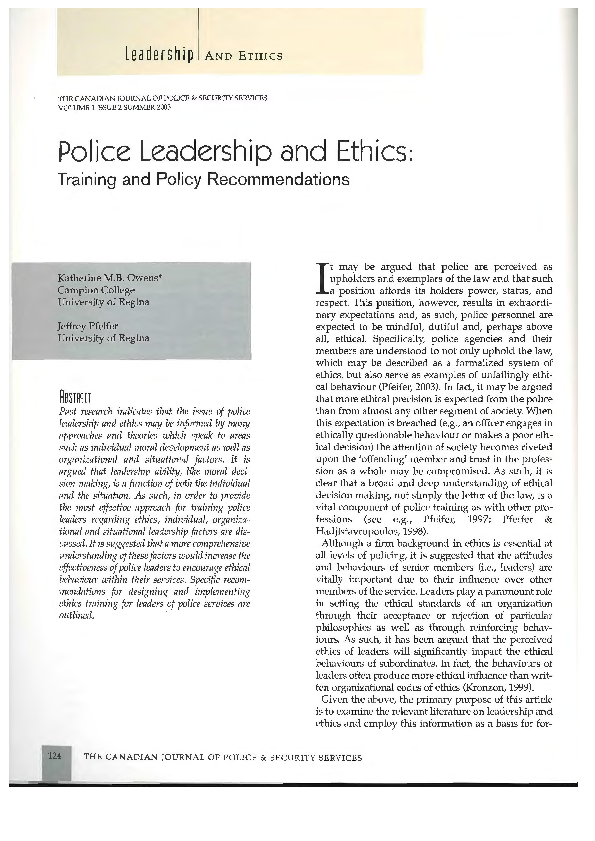 (PDF) Police Leadership and Ethics: Training and Policy Recommendations