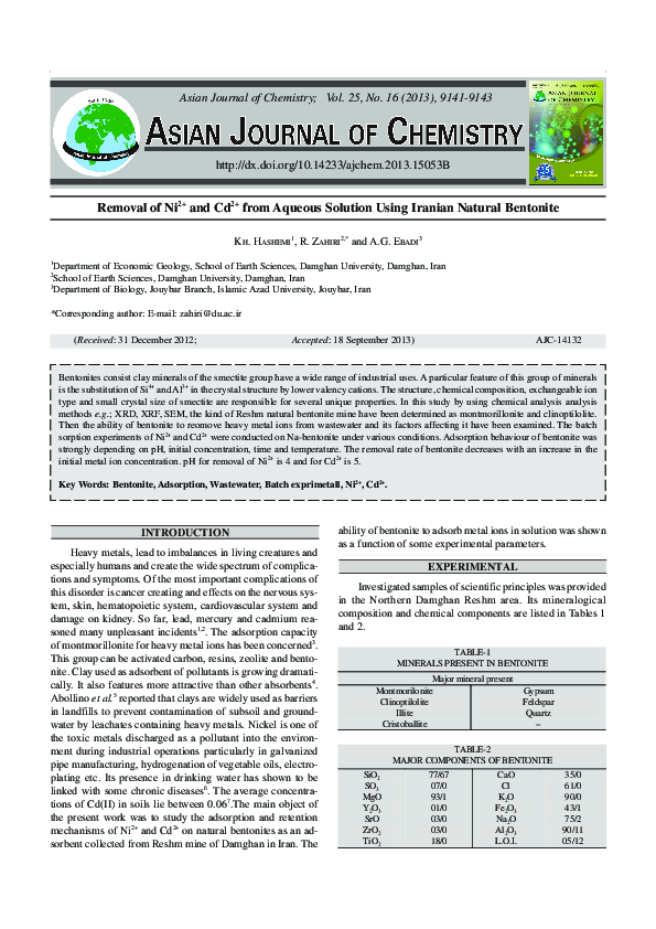 (PDF) Removal of Ni2+ and Cd2+ from Aqueous Solution Using Iranian Natural Bentonite