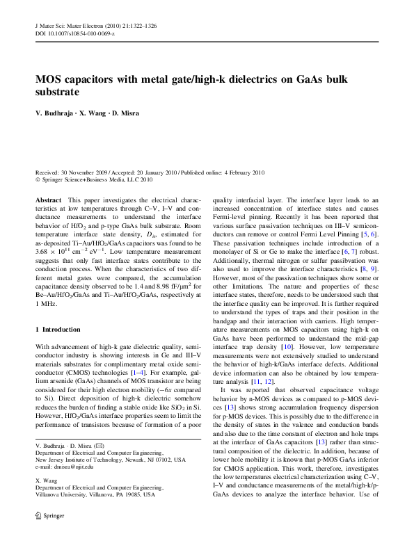 (PDF) MOS capacitors with metal gate/high-k dielectrics on GaAs bulk ...