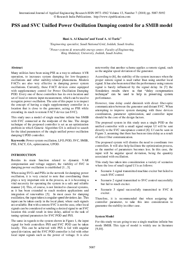 (PDF) PSS and SVC Unified Power Oscillation Damping control for a SMIB model