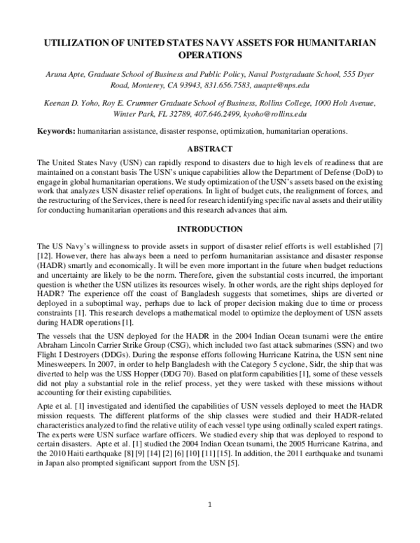 (PDF) Utilization of United States Navy Assets for Humanitarian Operations