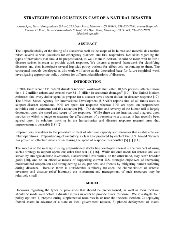 (PDF) Strategies for Logistics in Case of a Natural Disaster