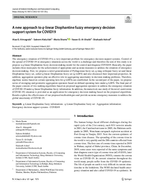 (PDF) A new approach to q-linear Diophantine fuzzy emergency decision support system for COVID19
