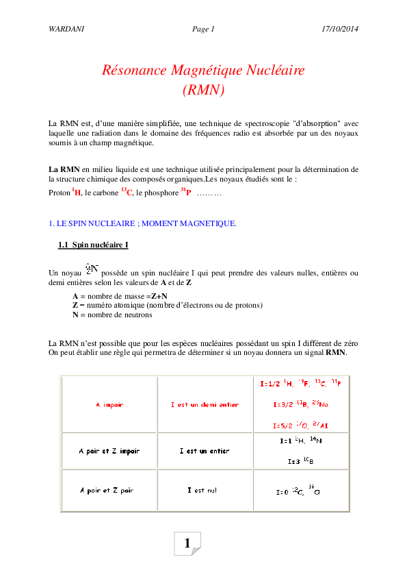 (PDF) Résonance Magnétique Nucléaire (RMN