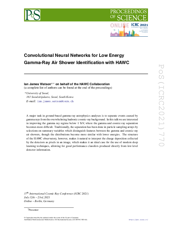 (PDF) Convolutional Neural Networks for Low Energy Gamma-Ray Air Shower Identification with HAWC