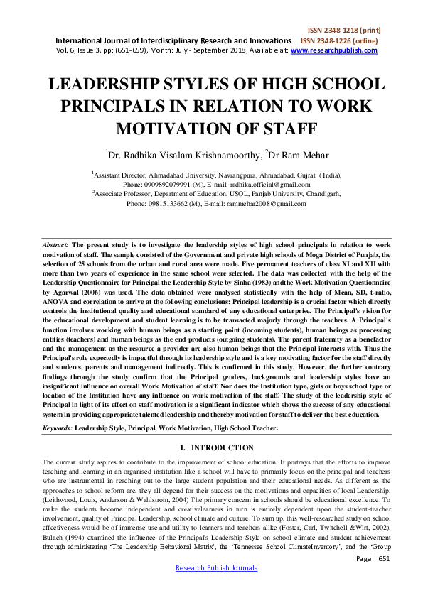 (PDF) Leadership Styles of High School Principals in Relation to Work Motivation of Staff | Ram ...