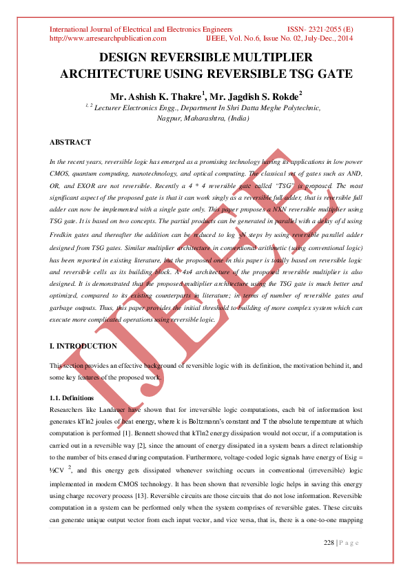 (PDF) DESIGN REVERSIBLE MULTIPLIER ARCHITECTURE USING REVERSIBLE TSG ...