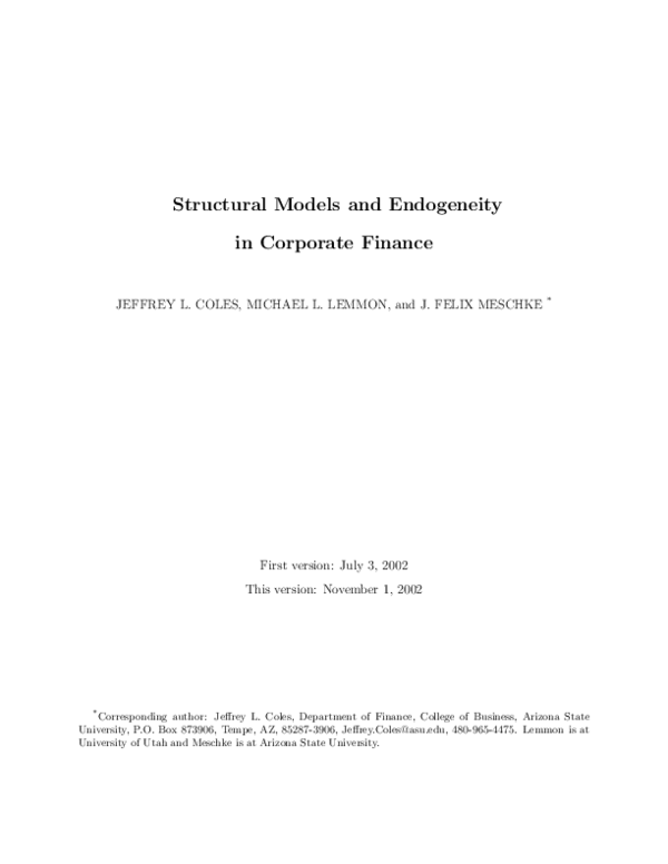 (PDF) Structural Models and Endogeneity in Corporate Finance