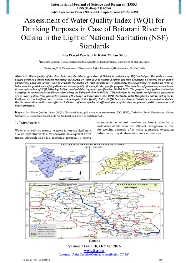 (PDF) Assessment of Water Quality Index ( WQI ) for Drinking Purposes in Case of Baitarani River ...