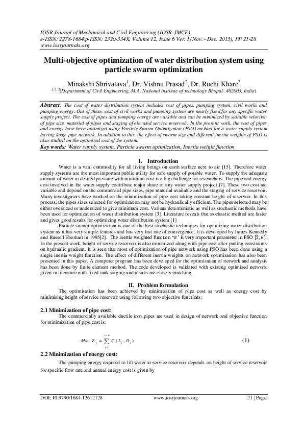 Pdf Multi Objective Optimization Of Water Distribution System Using Particle Swarm Optimization