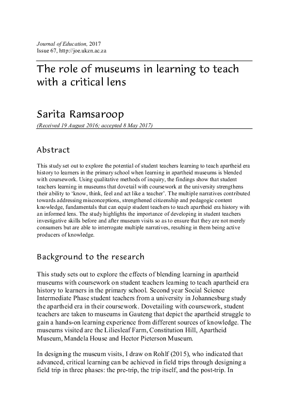 (PDF) The role of museums in learning to teach with a critical lens