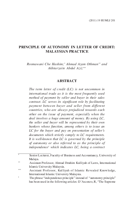 (PDF) Principle of autonomy in letter of credit: Malaysian practice