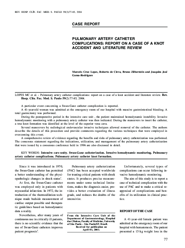 (PDF) Case Report Pulmonary Artery Catheter Complications : Report on a ...