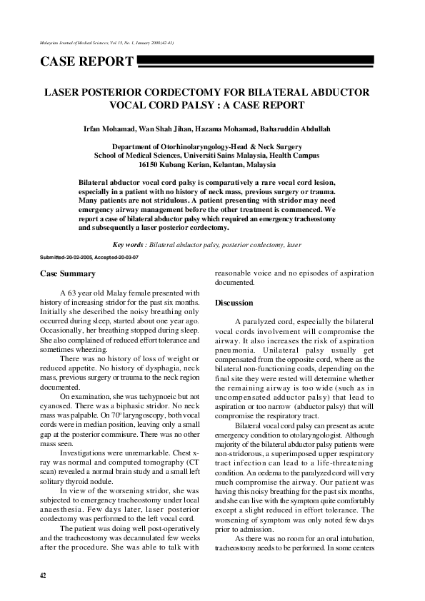 (PDF) Laser posterior cordectomy for bilateral abductor vocal cord ...