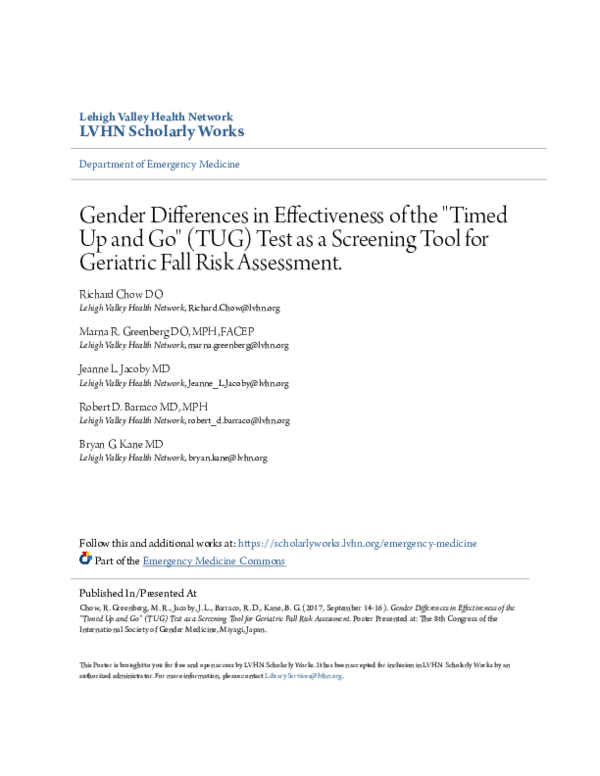 (PDF) Gender Differences in Effectiveness of the "Timed Up and Go" (TUG ...