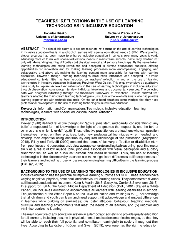 (PDF) Teachers’ reflections in the use of learning technologies in ...