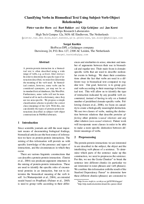 Pdf Classifying Verbs In Biomedical Text Using Subject Verb Object Relationships