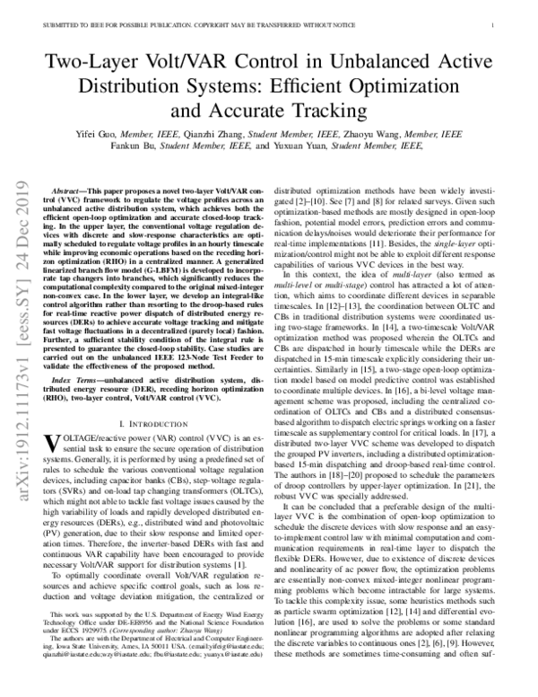 (PDF) Two-Layer Volt/VAR Control in Unbalanced Active Distribution Systems: Efficient ...