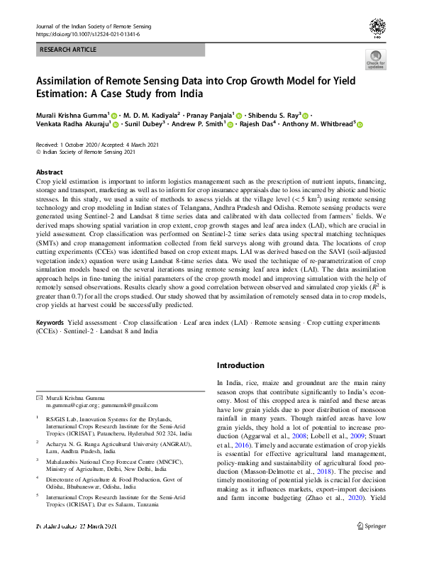 Pdf Assimilation Of Remote Sensing Data Into Crop Growth Model For Yield Estimation A Case