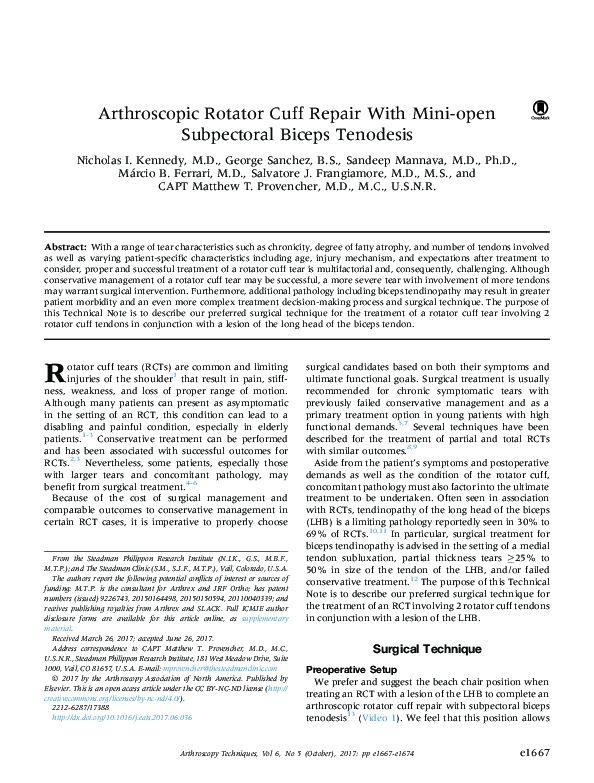 (PDF) Arthroscopic Rotator Cuff Repair With Mini-open Subpectoral Biceps Tenodesis