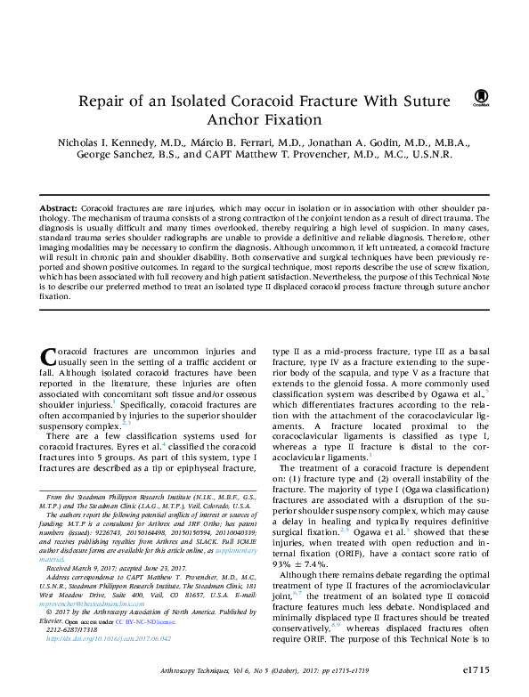 Repair of an Isolated Coracoid Fracture With Suture Anchor Fixation