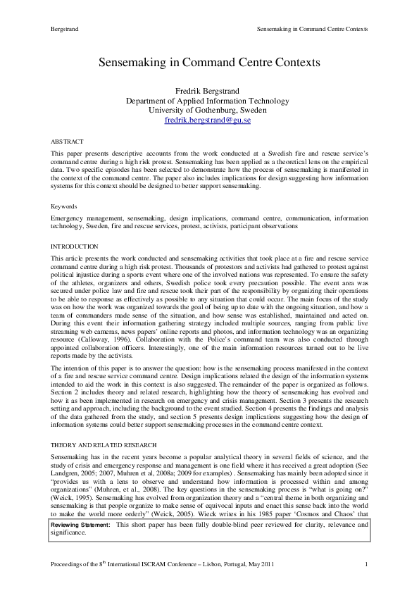 (PDF) Sensemaking in command centre contexts