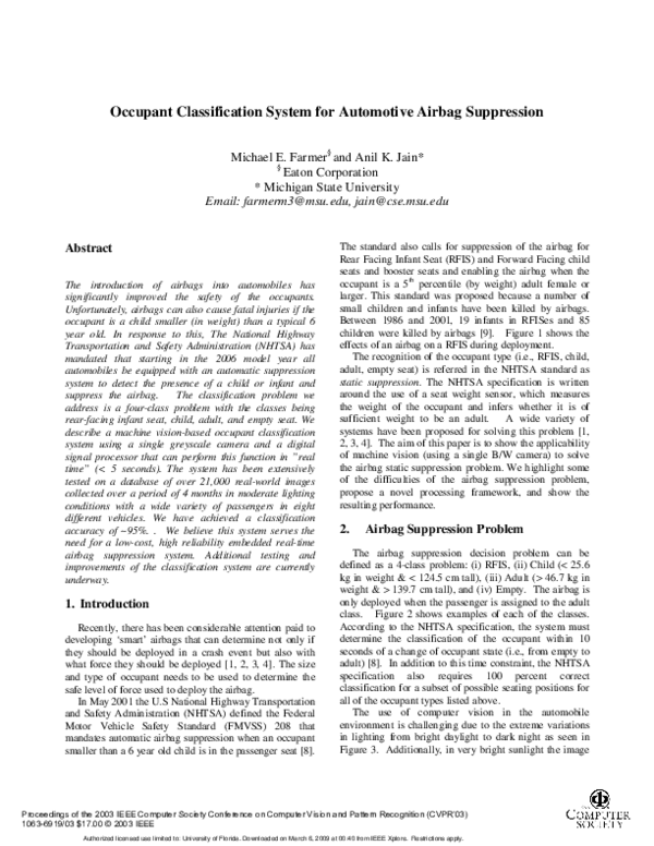 (PDF) Occupant classification system for automotive airbag suppression