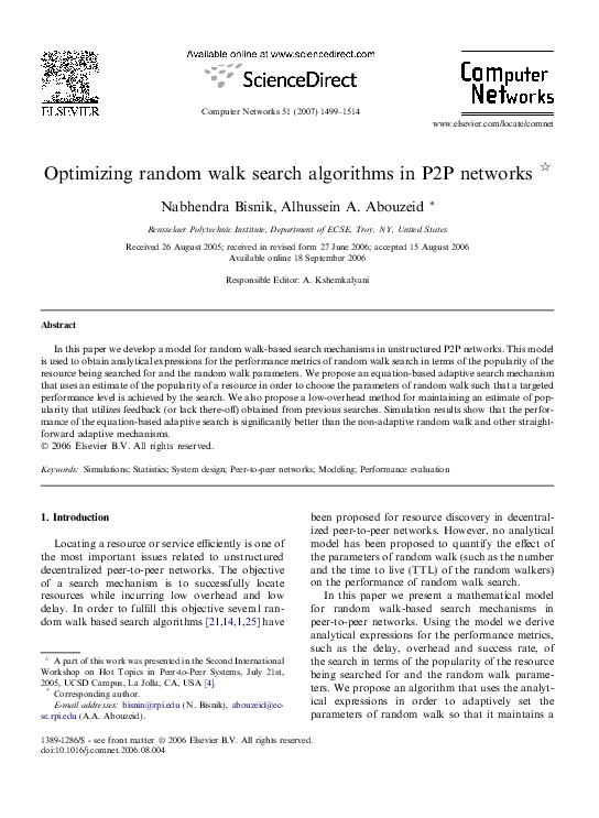 Pdf Optimizing Random Walk Search Algorithms In P2p Networks Nabhendra Bisnik