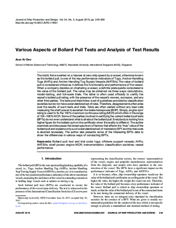 (PDF) Various Aspects of Bollard Pull Tests and Analysis of Test Results