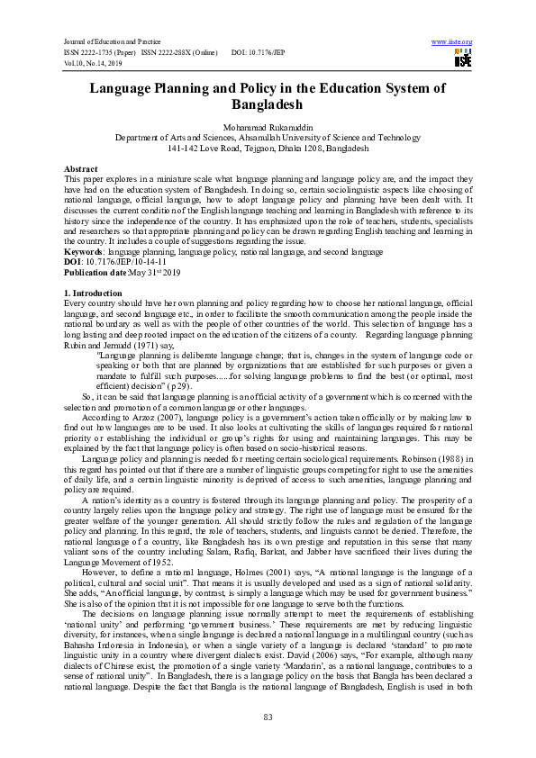 (PDF) Language Planning and Policy in the Education System of Bangladesh