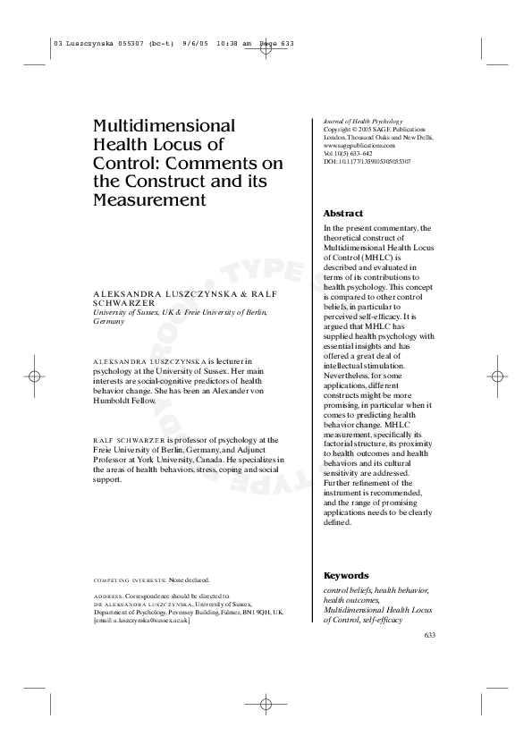 (PDF) Multidimensional Health Locus of Control: Comments on the ...