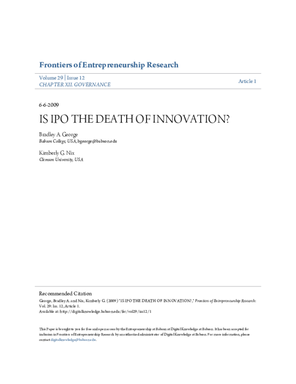 (PDF) Is Ipo the Death of Innovation?
