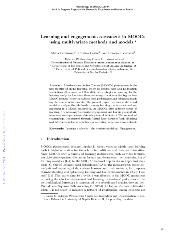 (PDF) Learning and engagement assessment in MOOCs using multivariate methods and models