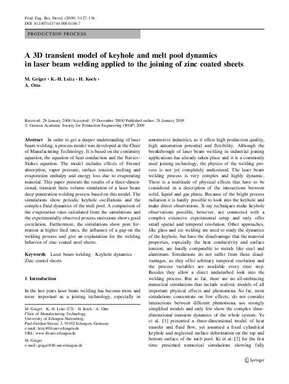 Pdf A 3d Transient Model Of Keyhole And Melt Pool Dynamics In Laser